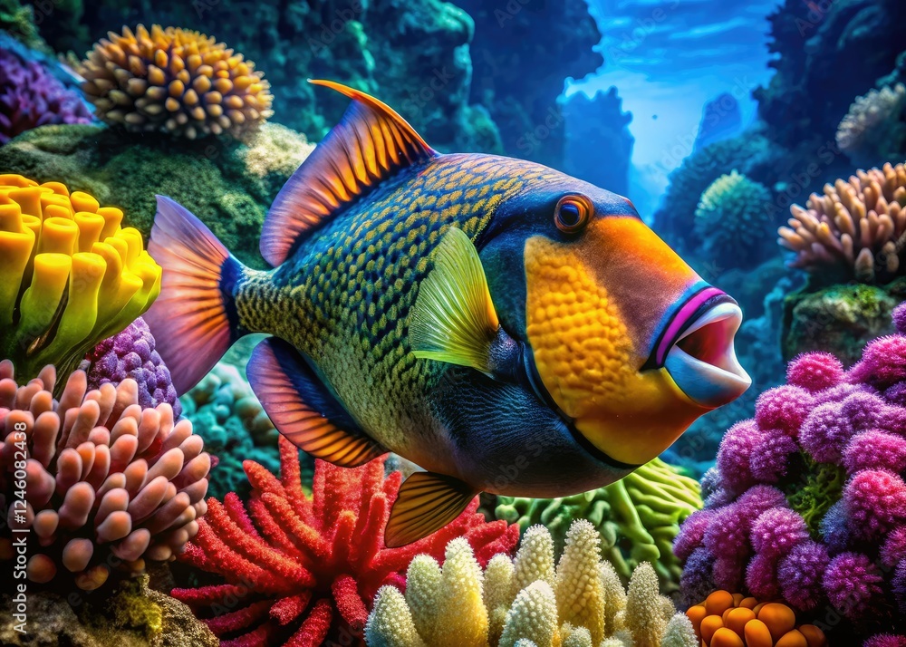 Underwater photography captures a hungry triggerfish's vibrant coral ...