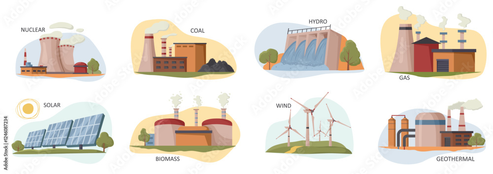 Illustrated energy sources like nuclear, coal, solar, and wind, set ...
