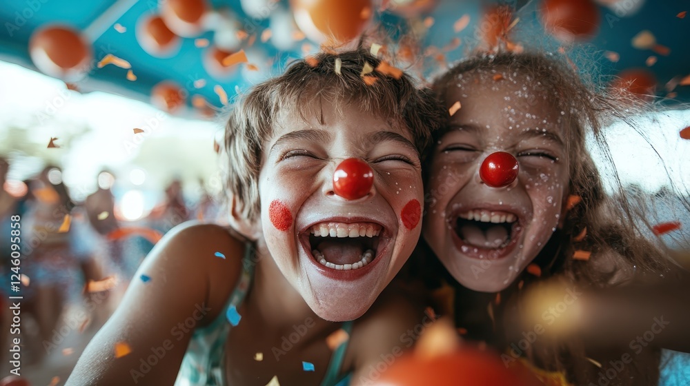 This lively image shows two ecstatic children with clown noses amidst ...