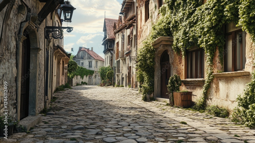 Charming cobblestone street with aged stone buildings and climbing ...