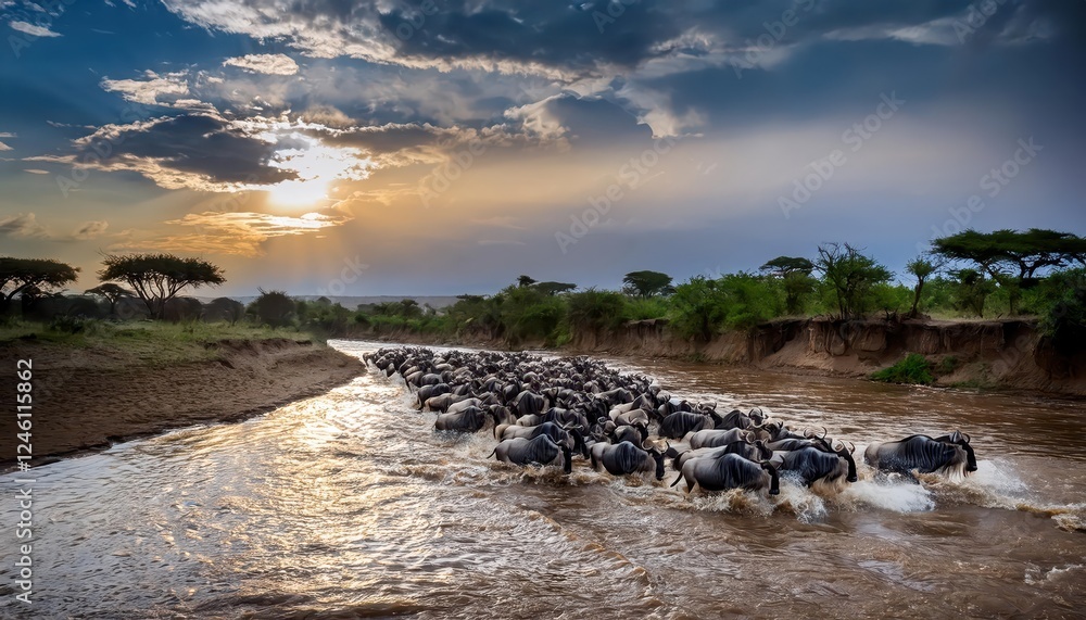 Majestic Wildebeest Crossing Mara River Spectacular Scenes of ...