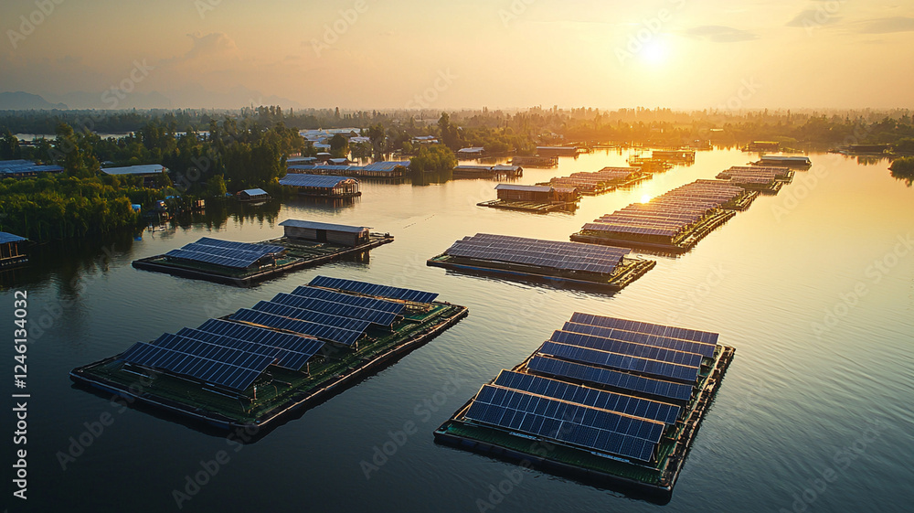 Floating solar panels farm on water reservoir during golden sunset aerial view panorama ...