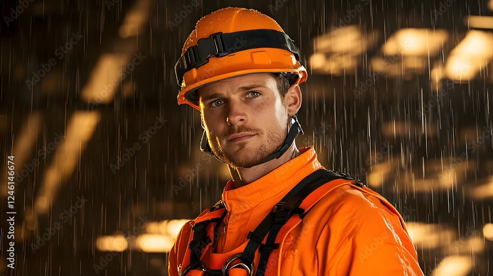 Focused offshore maintenance technician fully suited in orange PPE and ...