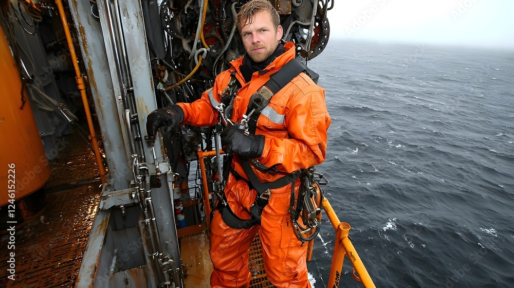 Offshore oil rig specialist in an orange safety outfit fully equipped ...