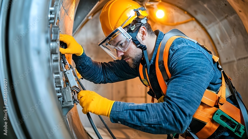 Professional engineer working inside a wind turbine nacelle wearing ...