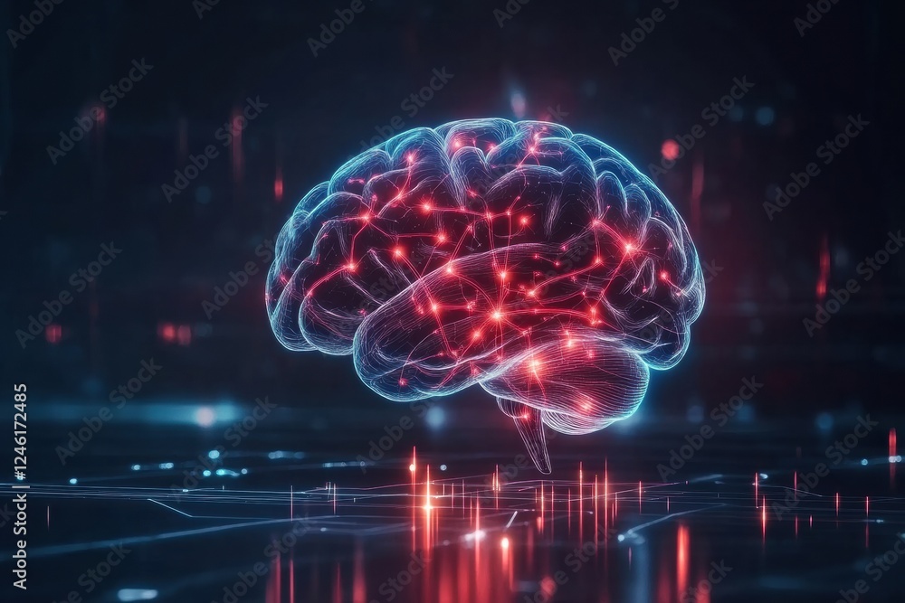 Scientific depiction of the brain and nervous system with glowing neuron pathways and electrical ...