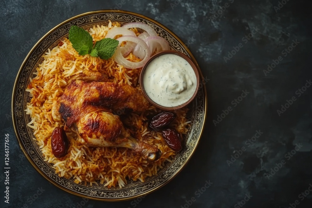 Roasted chicken biryani, dark background, overhead shot, Middle Eastern ...
