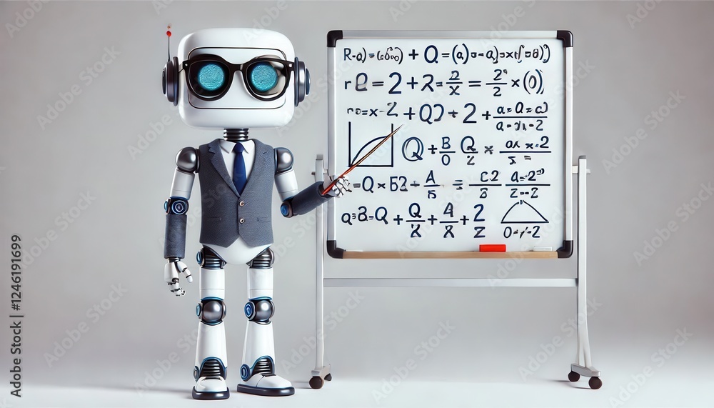 Robot teacher explains complex math concepts in classroom setting with engaging demonstration ...