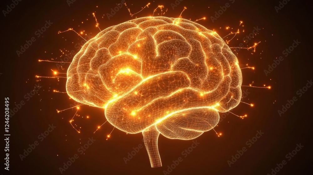 Scientific illustration of neural pathways showcasing glowing neurons ...