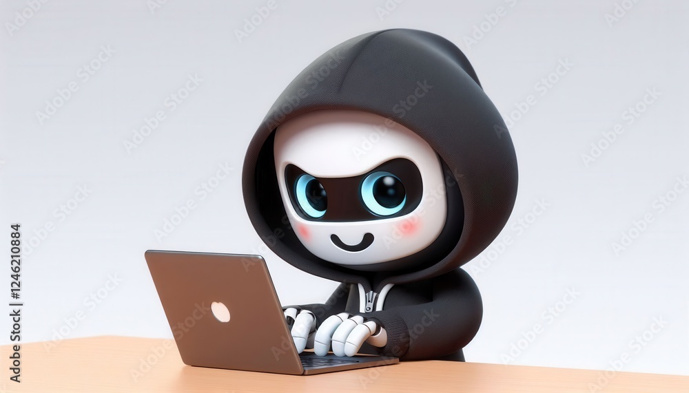 Cybersecurity action animated character hacking on laptop in digital ...