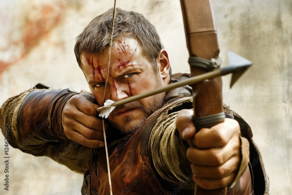 Portrait of intense warrior aiming with bow and arrow while looking ...