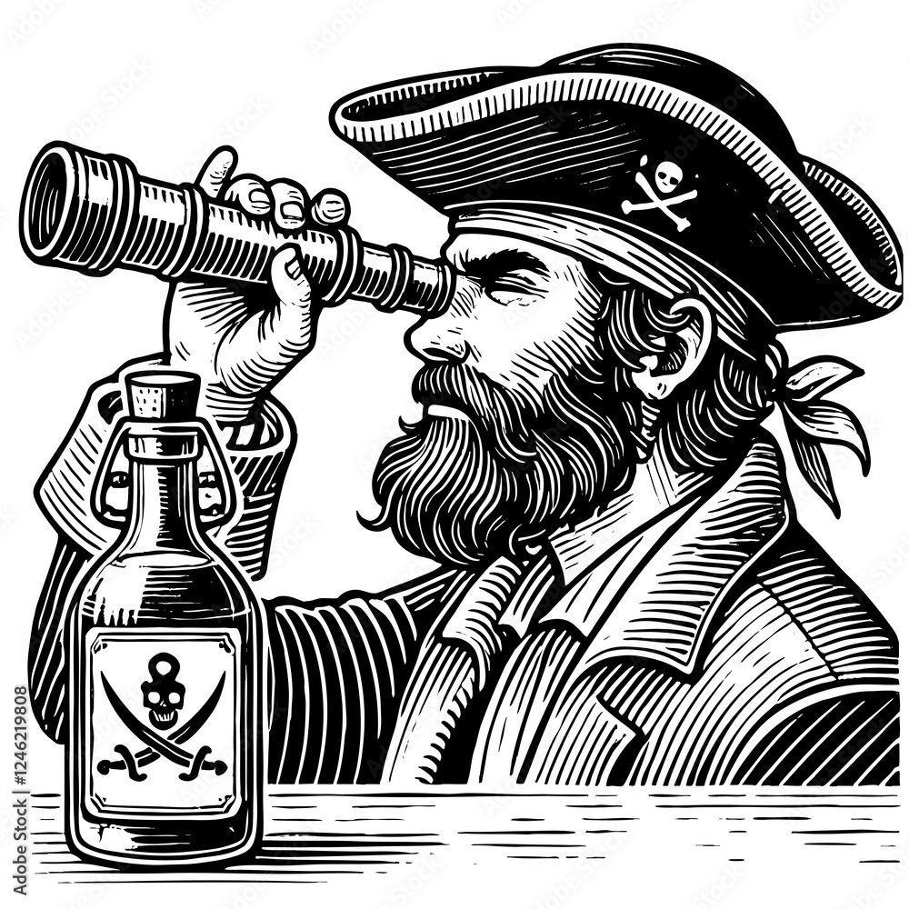 rugged pirate with a tricorn hat and skull emblem, gazing through ...