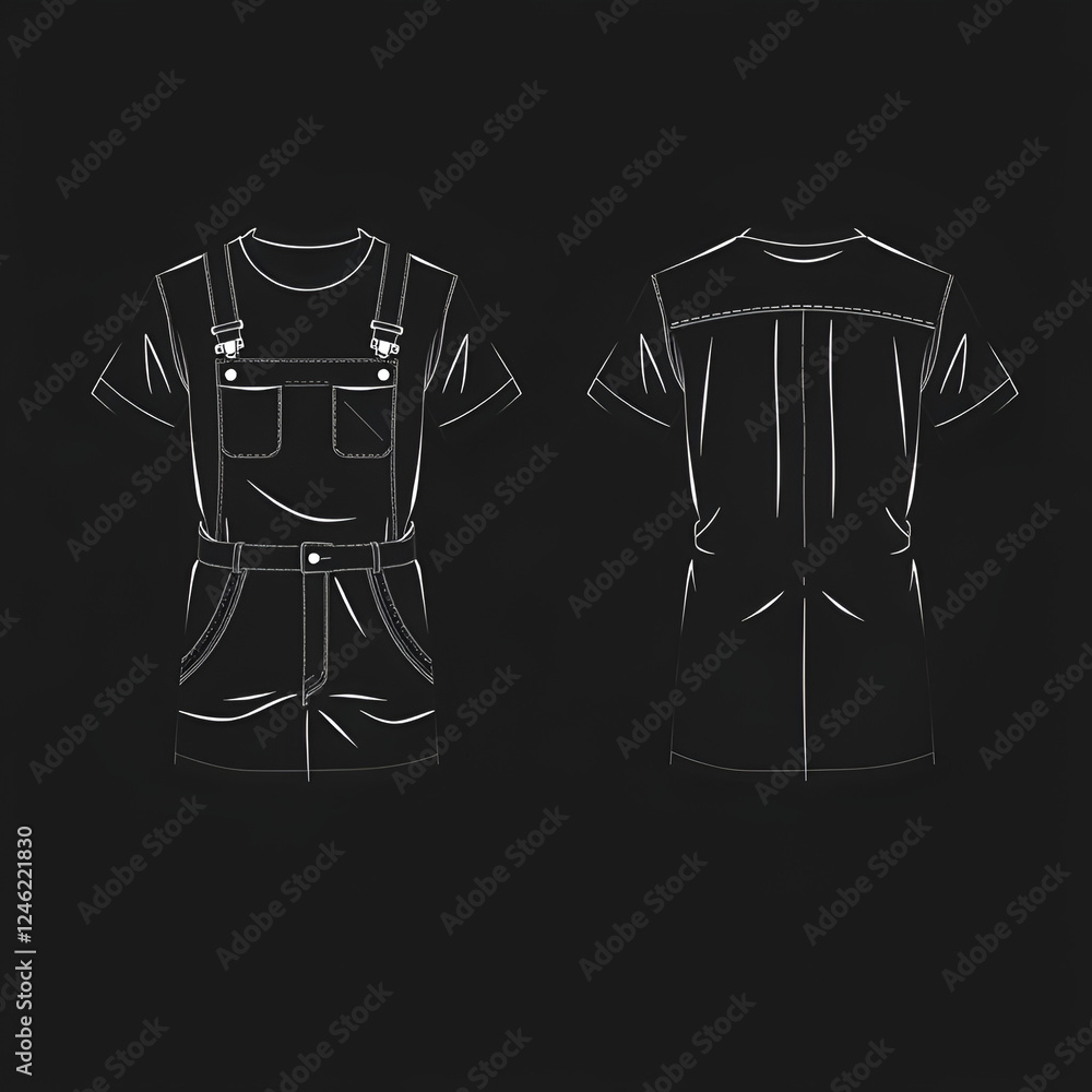 Black color Short sleeve Basic T shirt overall technical fashion flat sketch vector illustration ...