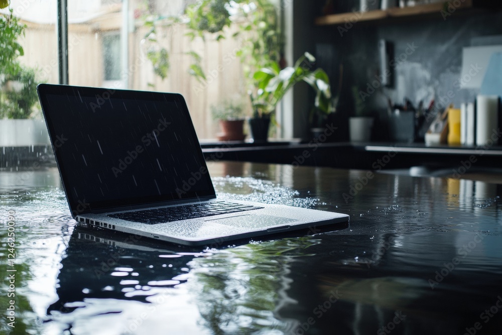 Laptop submerged on a water-soaked table in a flooded home office ...