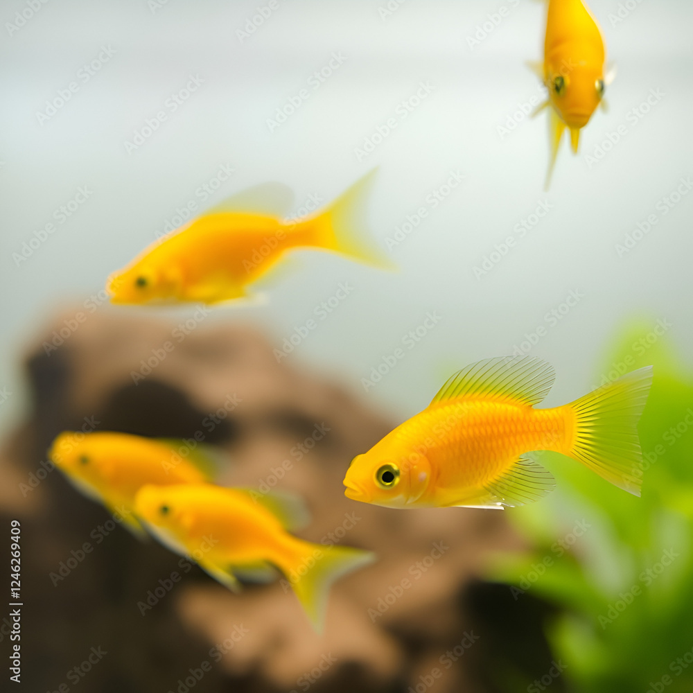 Colorful Gold, Yellow Molly Poecilia sphenops aquarium fishes. Shallow ...