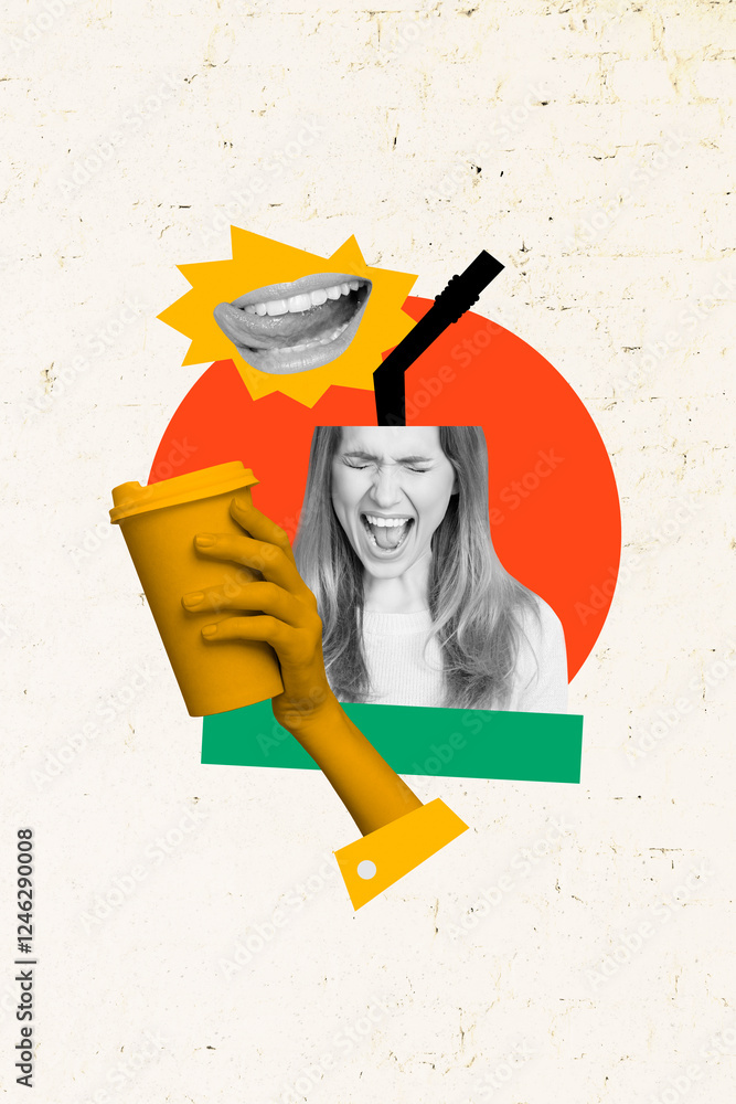 Exclusive image vertical photo collage of stressed girl scream straw ...