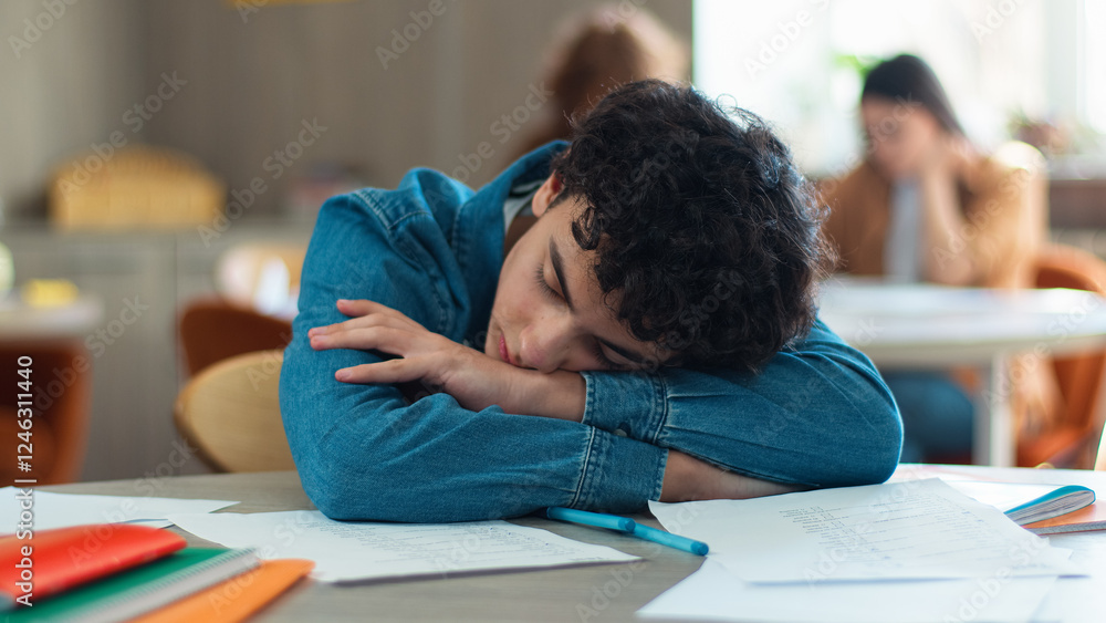 Tired sleepy napping exhausted fatigued overworked overload pupil teen ...