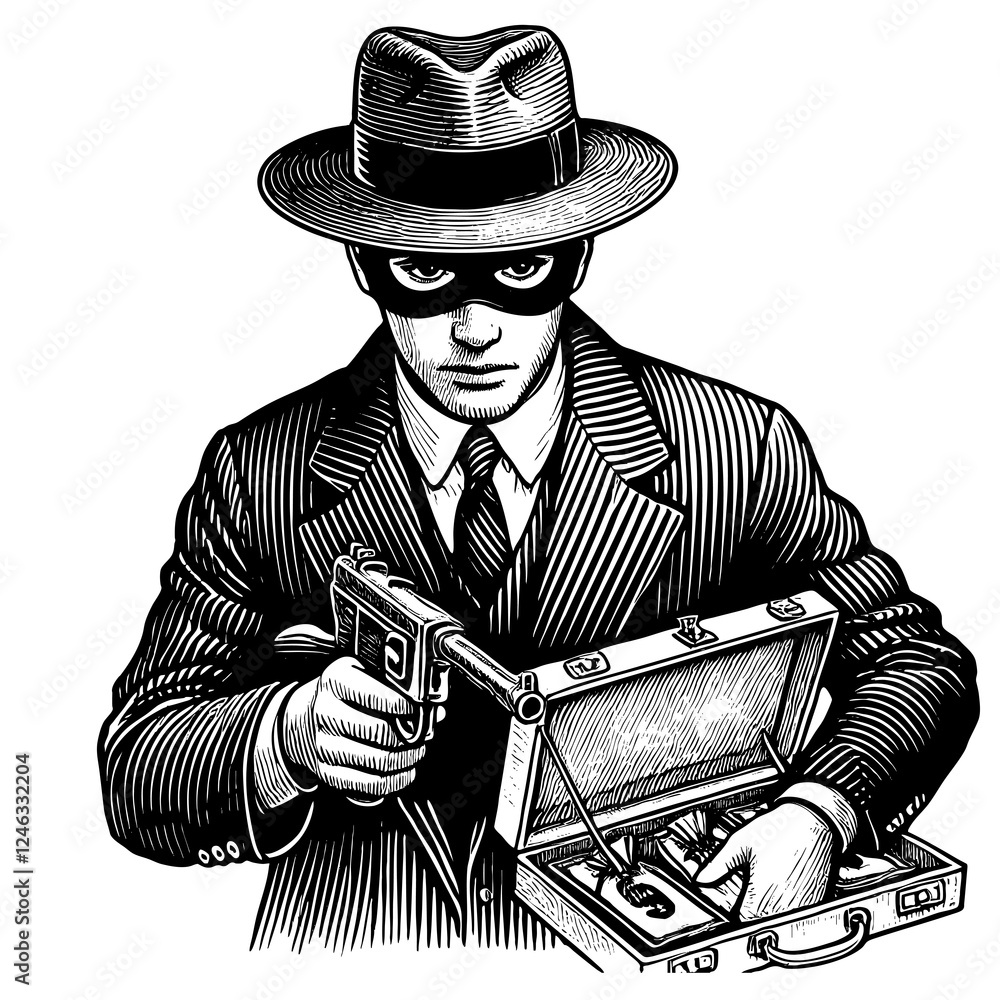masked gangster in a fedora and suit, holding gun, noir crime themes ...