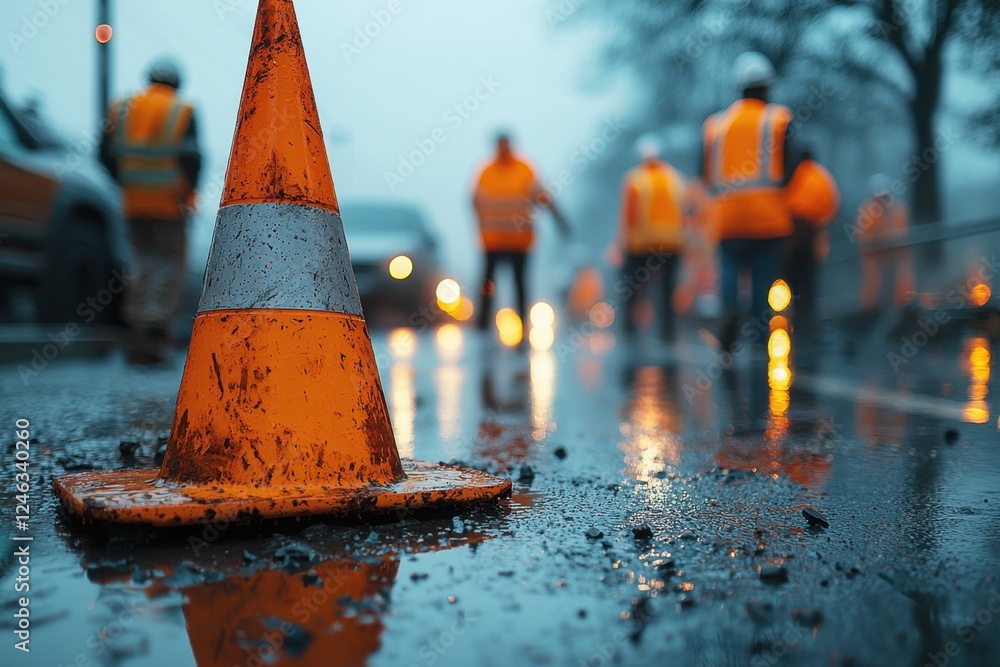 Construction workers managing roadwork under rainy conditions with ...