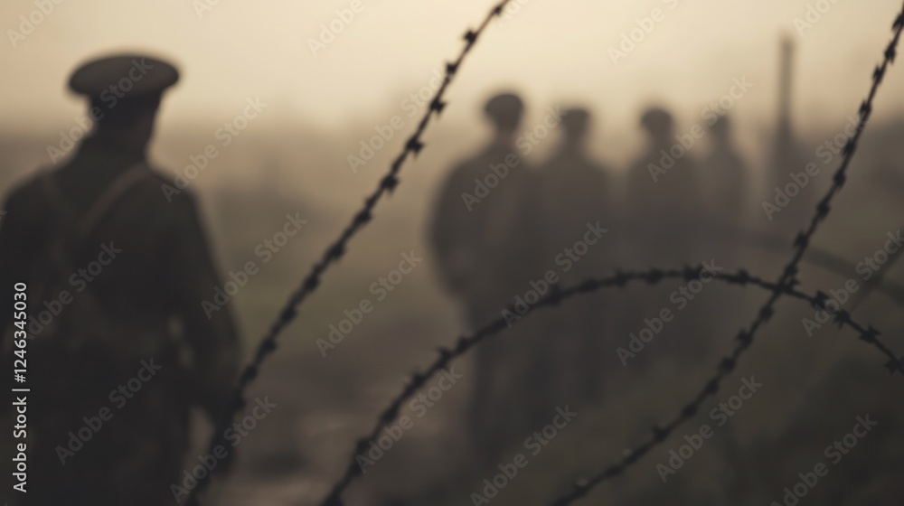 Historical soldiers in old-fashioned uniforms on a misty battlefield ...
