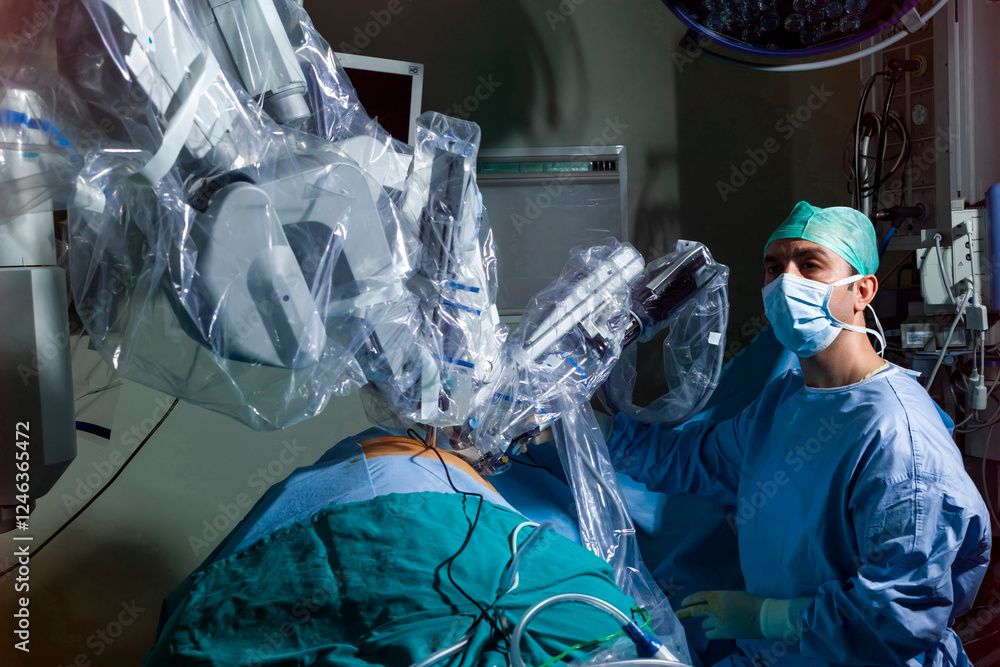 surgeon performing robotic surgery with robotic device. Medical ...