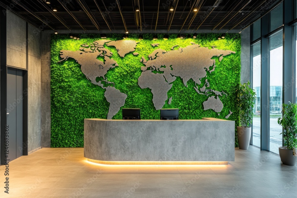 Reception area with a world map on moss wall, illuminated counter ...