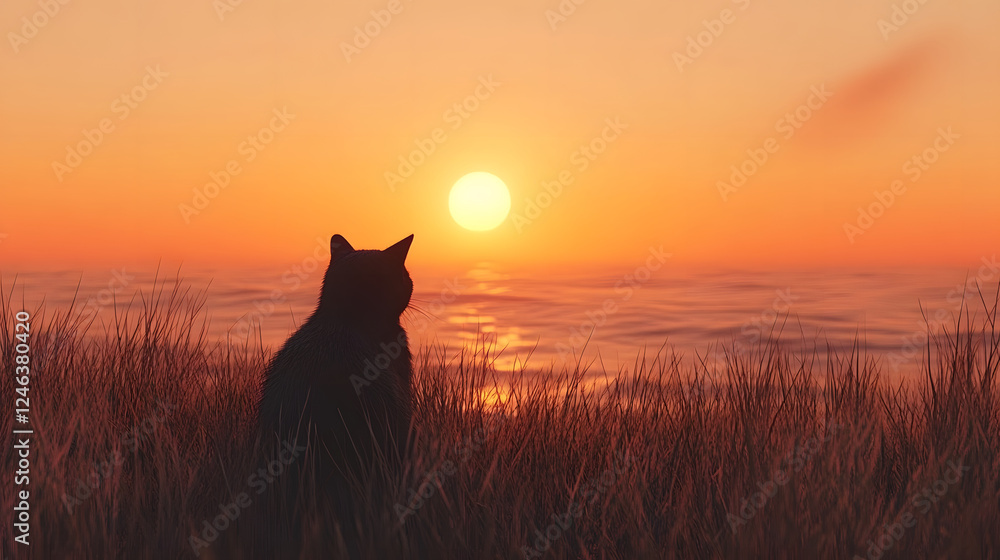 Cat watching sunset over ocean serene landscape digital art tranquil ...