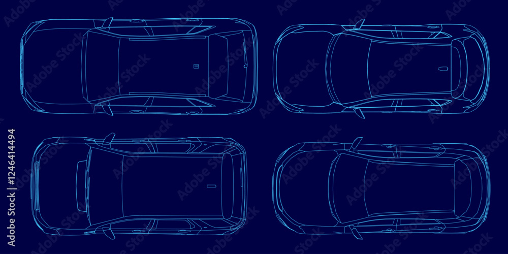 Four cars are shown in a blue color. The cars are in different ...