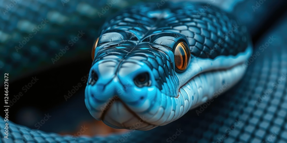 Snake's closeup face with a blue viper snake, sharp teeth, snake ...