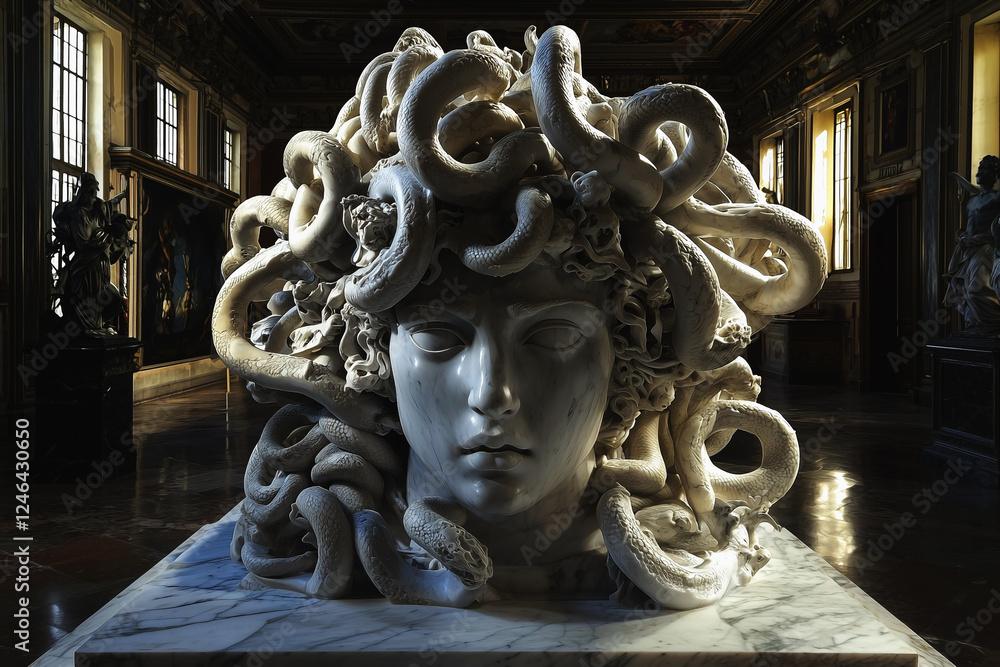 Marble statue of face of Medusa Gorgon, a monster with a female face ...