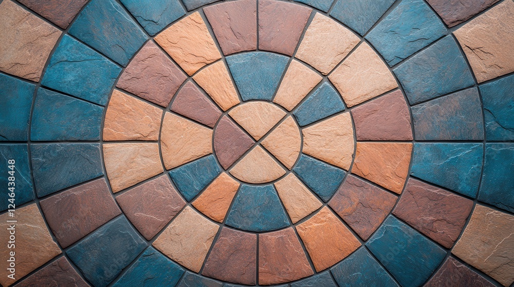 Circular stone tile pattern with a symmetrical radial design featuring ...