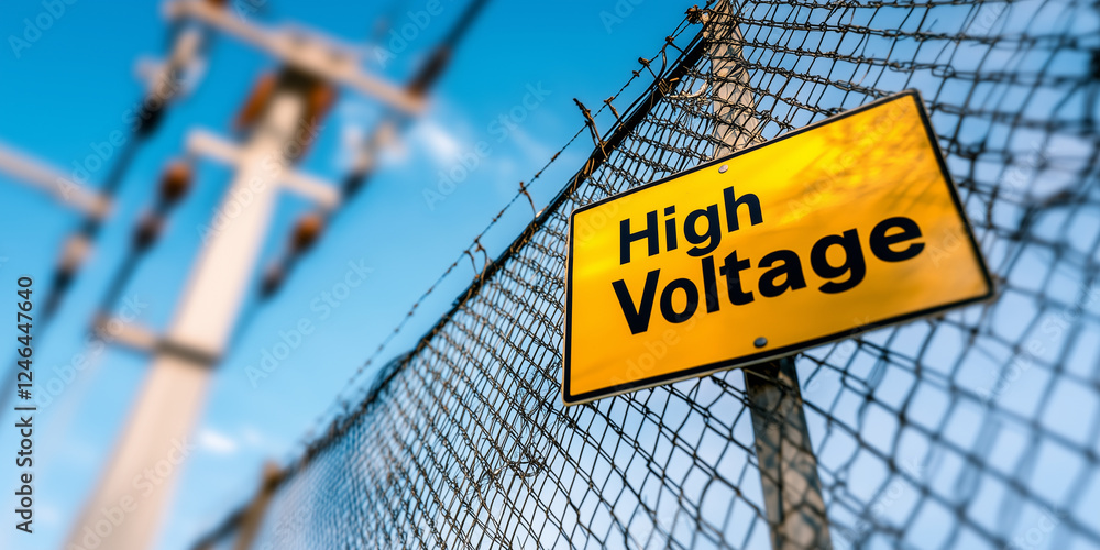 High voltage sign at industrial power plant fence indicating electrical ...