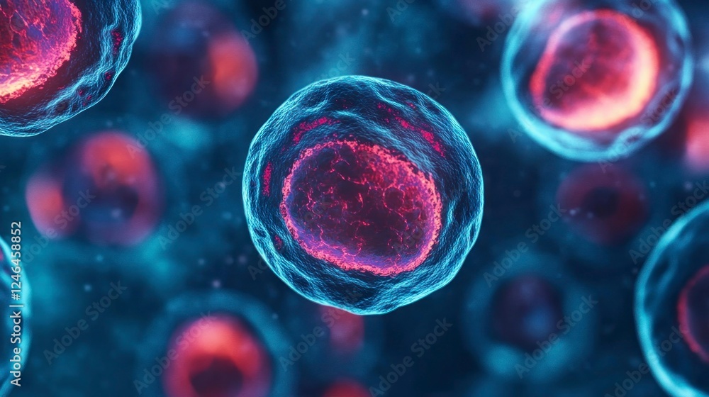 Fluorescent-stained stem cells under microscope laboratory research ...