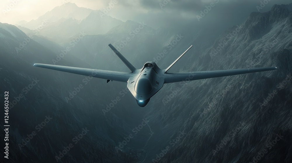 A next-gen stealth drone flying over a battlefield, scanning terrain ...
