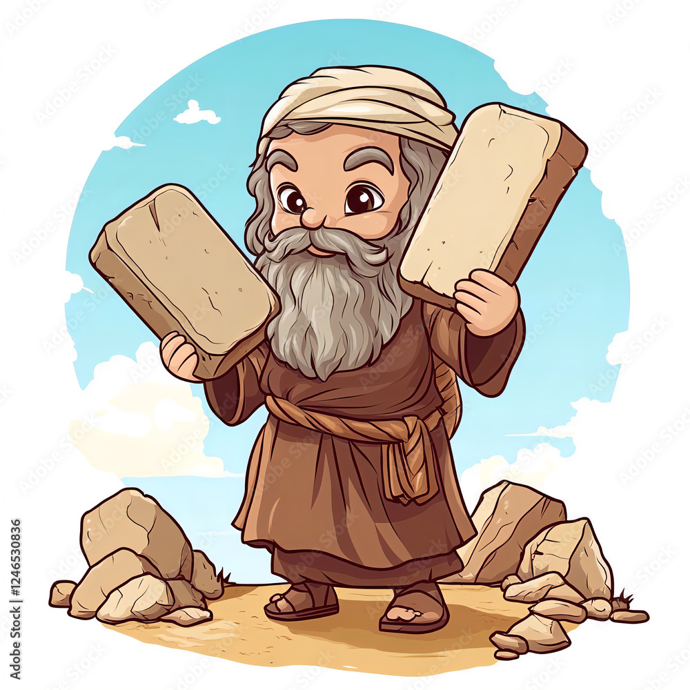 Cute cartoon illustration of Moses carrying 2 stone tablets, and ...