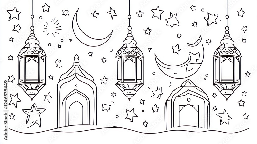 Ramadan lanterns and moons coloring page, stars in sky for kids ...