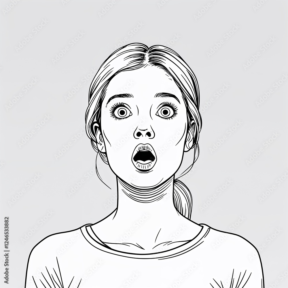 Female looking surprised image in a simple hand drawing flat line ...
