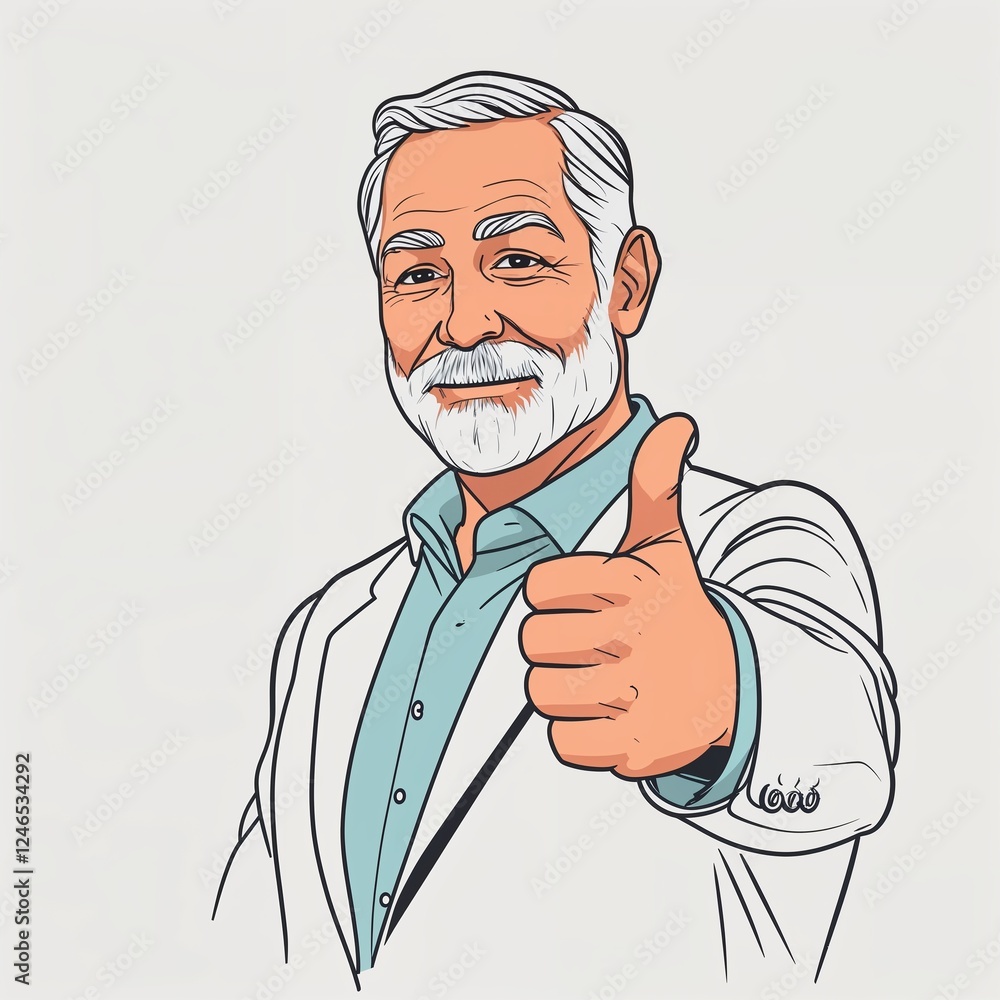 Middle Aged Male giving a thumbsup image in a simple hand drawing flat ...