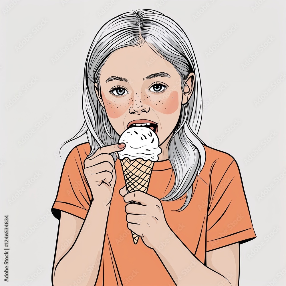 Preteen Neutral eating ice cream image in a simple hand drawing flat ...