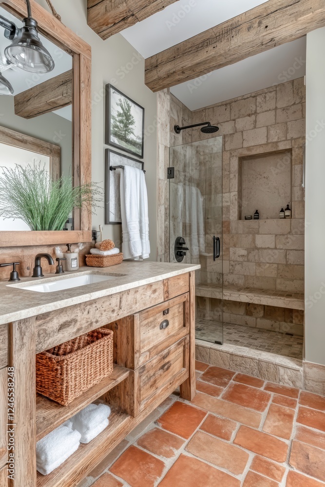 Rustic farmhouse bathroom with sage green walls, reclaimed wood ...
