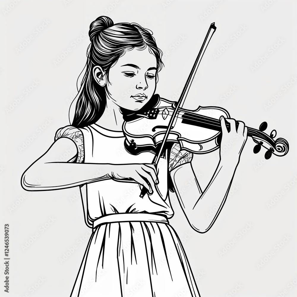 Teen Girl Playing Violin image in a simple hand drawing flat line ...
