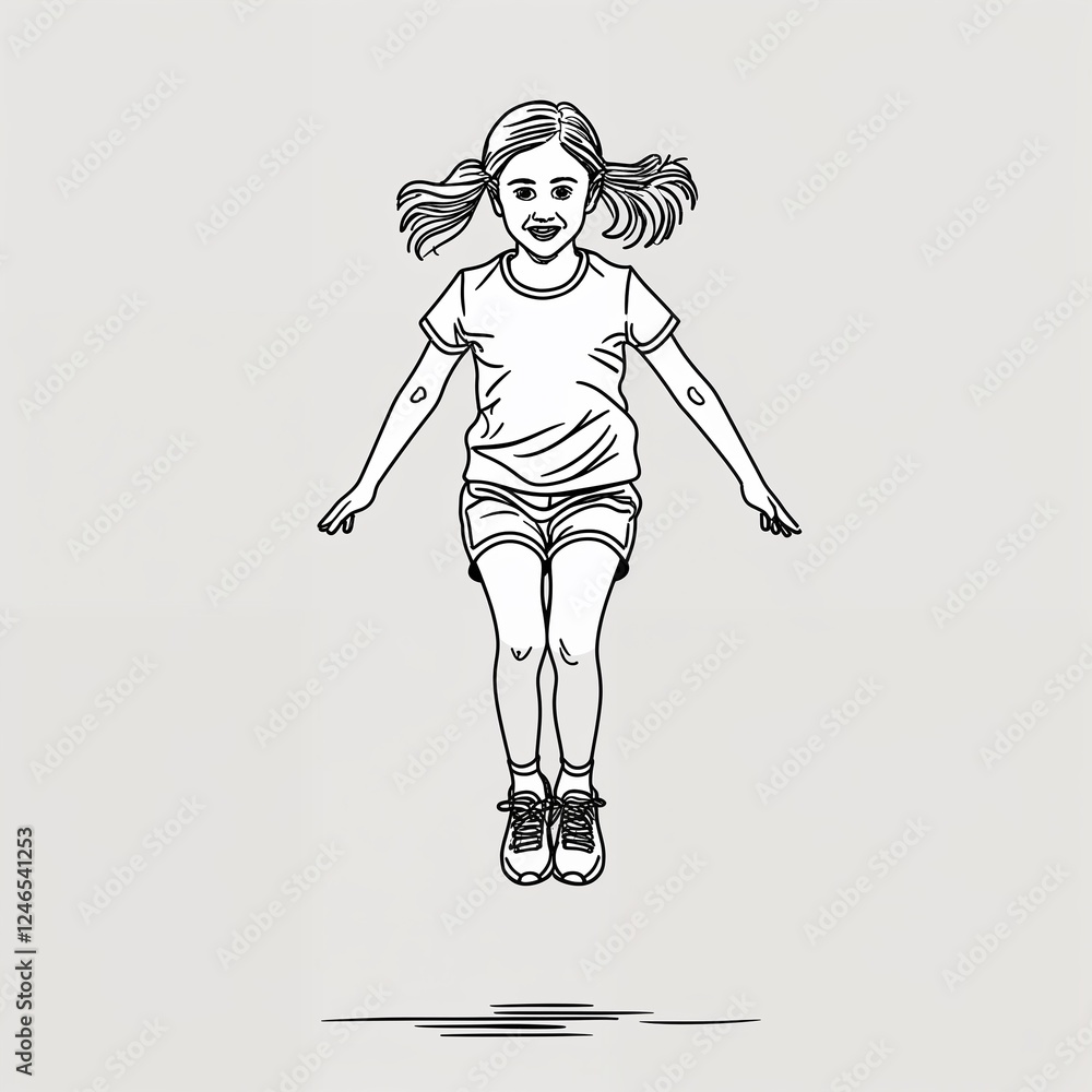 Child Female skipping image in a simple hand drawing flat line design ...