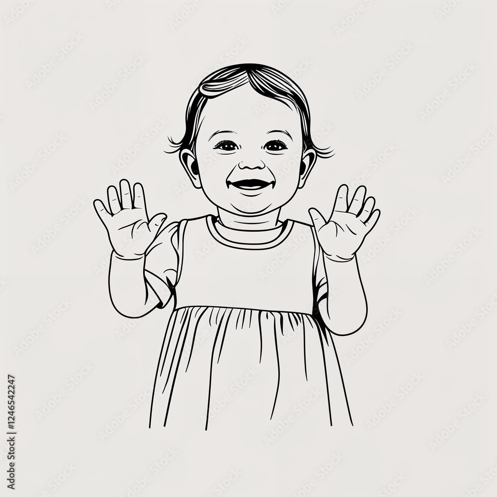 Infant Female waving image in a simple hand drawing flat line design on ...