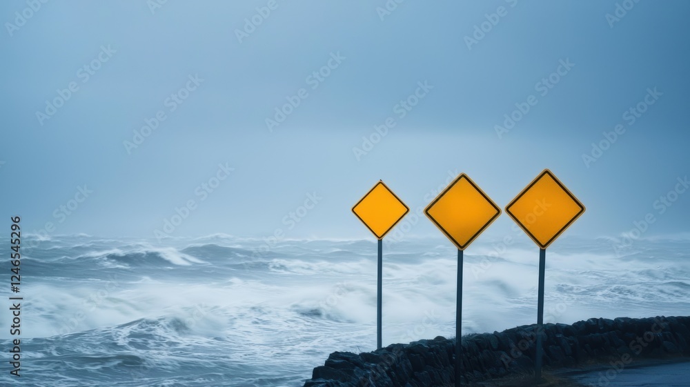 High Winds Bending Traffic Signs Near Coastal Area with Rough Waves ...