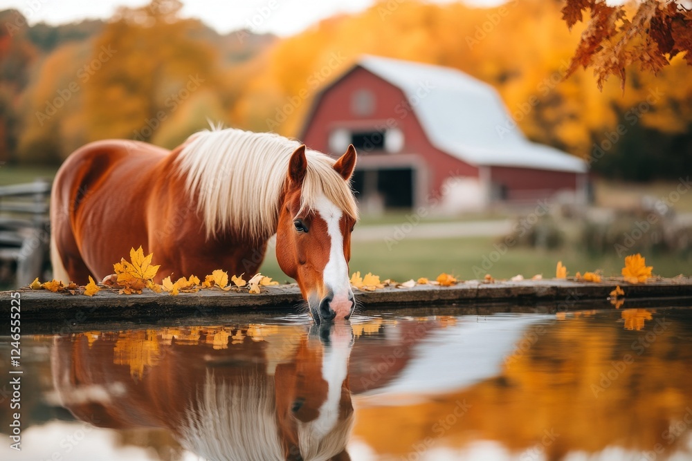 A horse drinking from a trough on a quiet farm, with the barn visible ...
