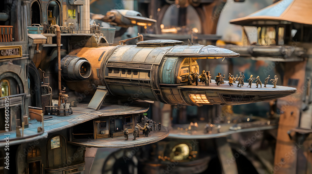 steampunk skyport made from paper, with airships docking and tiny ...