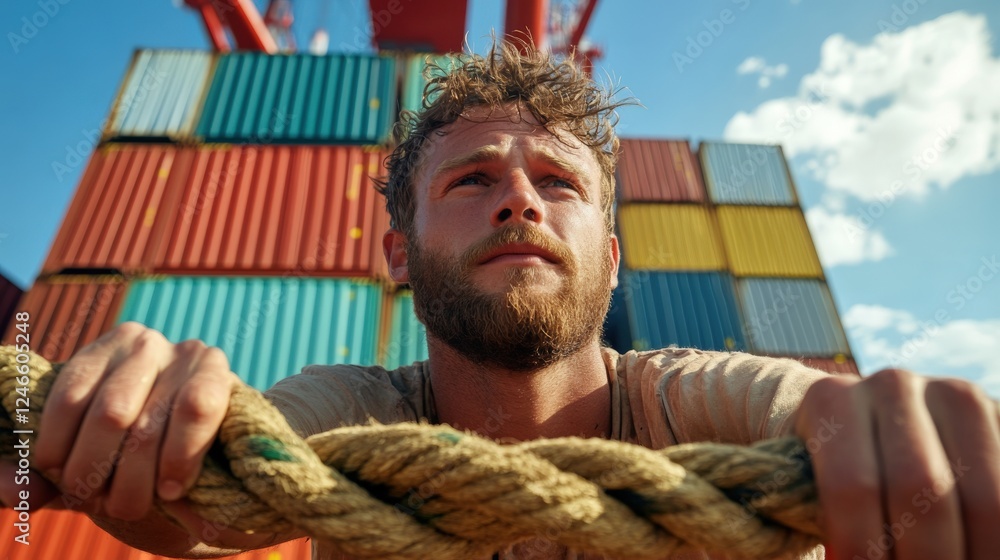 Deckhands on the cargo ship open deck, securing heavy mooring ropes to ...