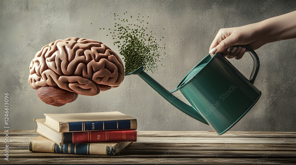 crecimiento intelectual con un cerebro siendo regado por una regadera ...