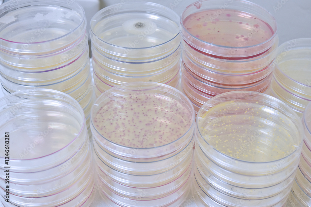 Colonies of bacteria growth on agar plate medium in laboratory. Stock ...