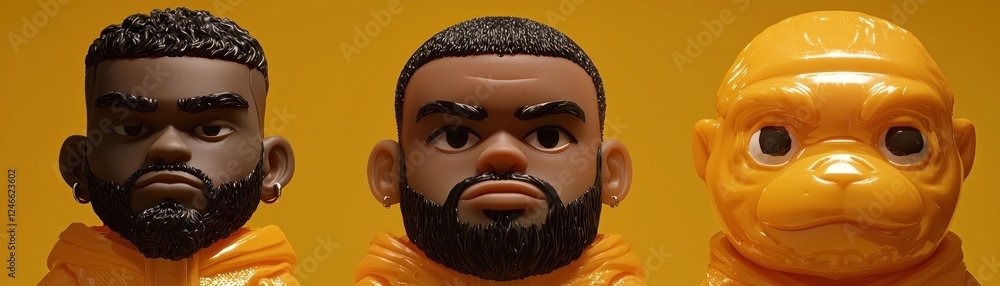 Three stylized figures two men, one ape; yellow background. Use art ...